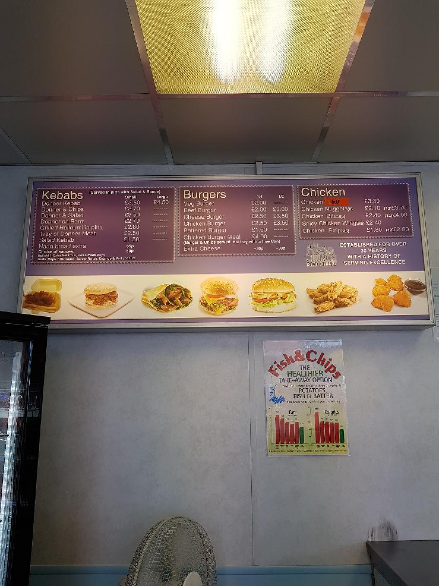 Menu at Church Road Chippy restaurant, Manchester