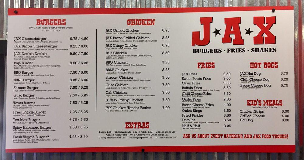 Menu at Jax Burgers Fries & Shakes restaurant, Pearland, Shadow Creek Pkwy