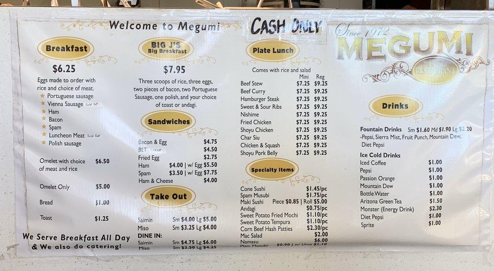 Menu at Megumi Restaurant, Kaneohe