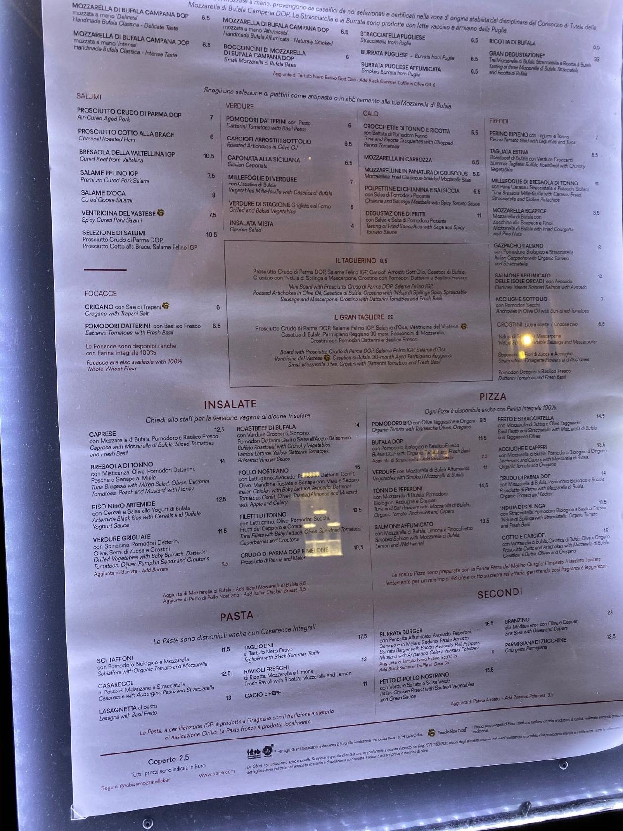 Menu da Obicà pizzeria, Firenze, Via de' Tornabuoni