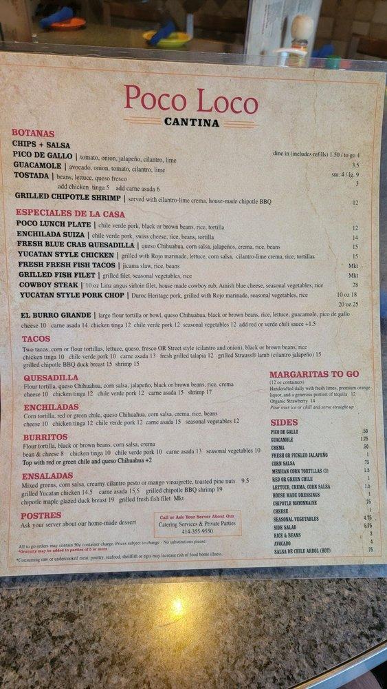 Menu at Poco Loco restaurant, Brown Deer