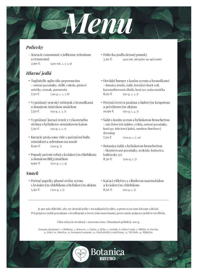 Menu at Botanica bistro restaurant, Dolný Kubín