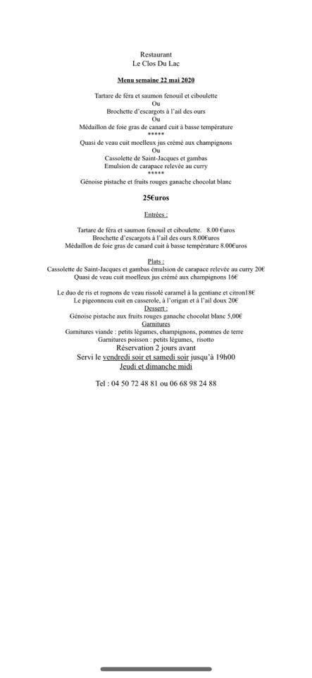 Menu at Le Clos du Lac restaurant, Margencel