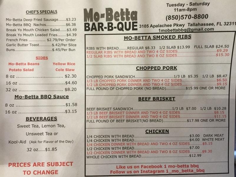 Menu at Mo-Betta BBQ, Tallahassee
