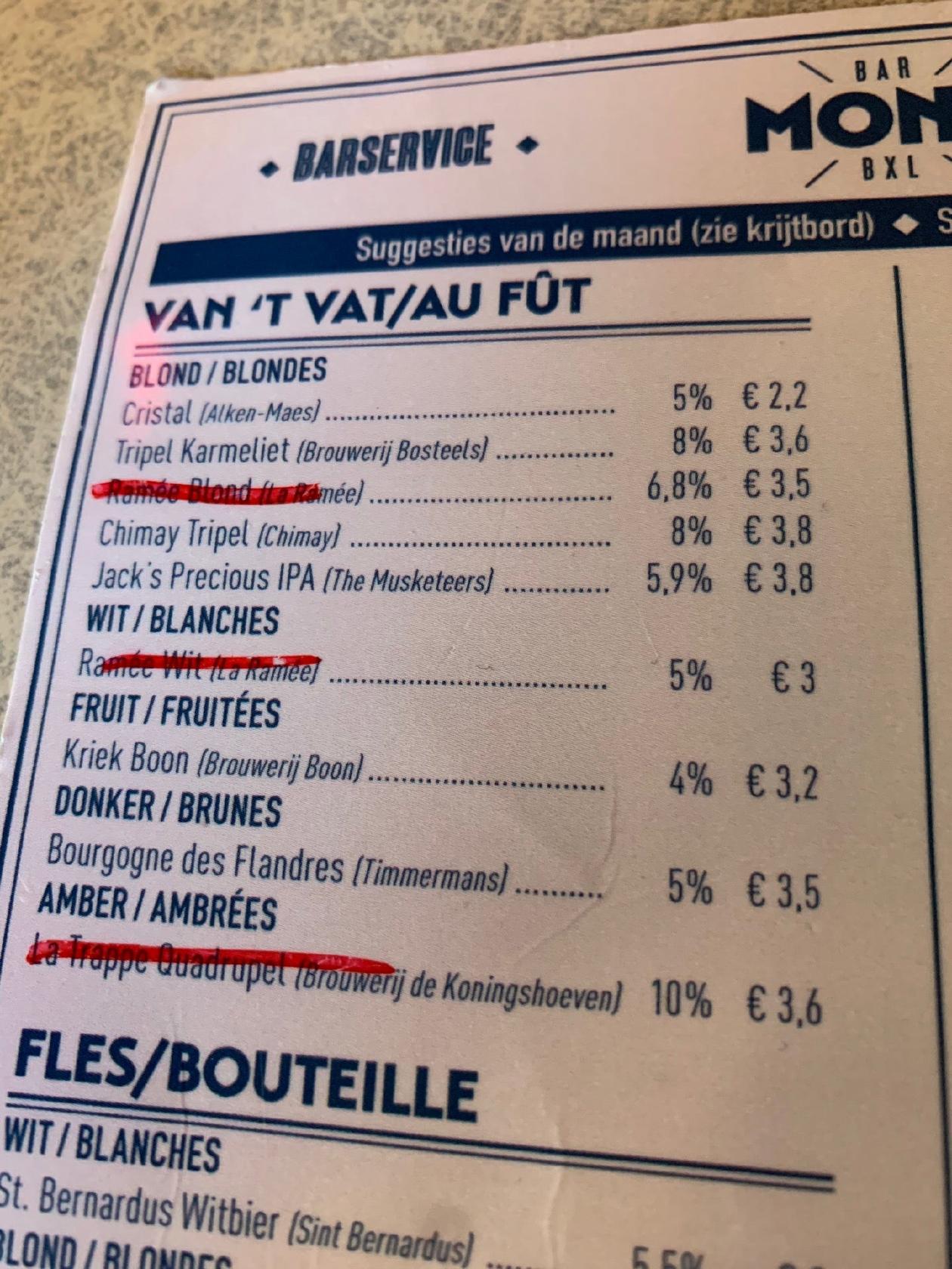 Menu at Monk, Brussels, Rue Sainte-Catherine 42