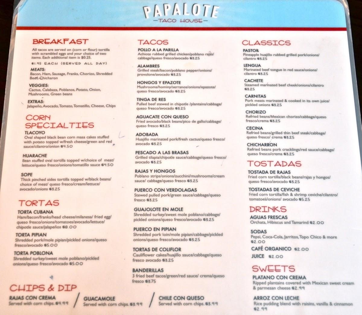 Carta del restaurante Papalote Taco House, Austin, S Lamar Blvd