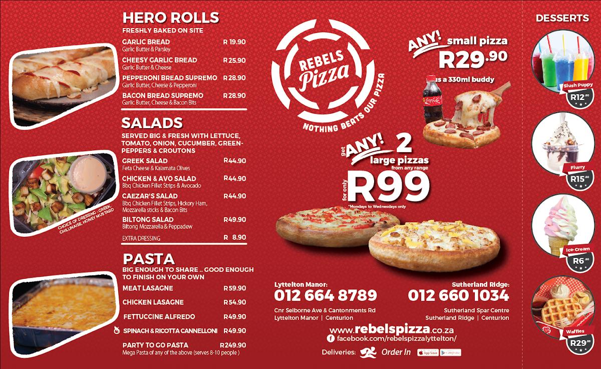 Speisekarte von Rebels Pizza Sutherland, Centurion