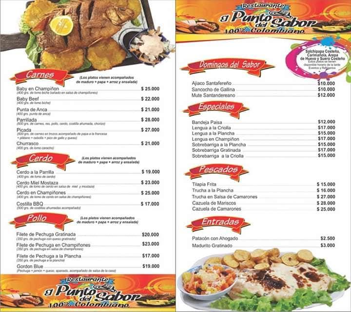 Carta de Restaurante El Punto del Sabor 100% Colombiano, Popayán