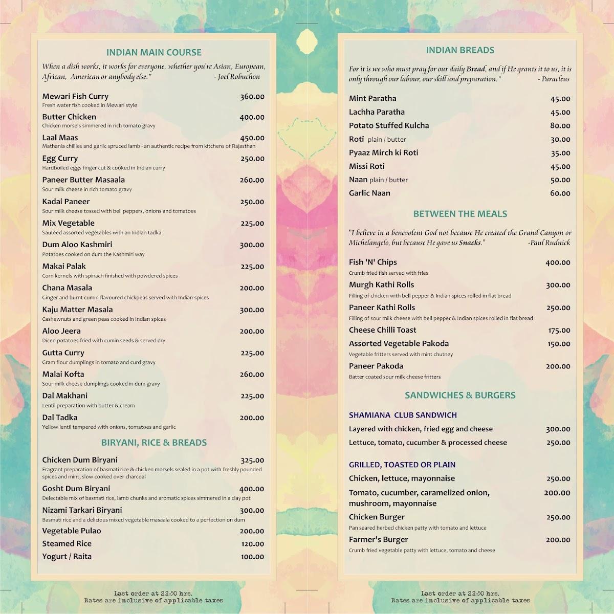 Menu at Shamiana Roof Top Restaurant & Lounge, Udaipur, Lake