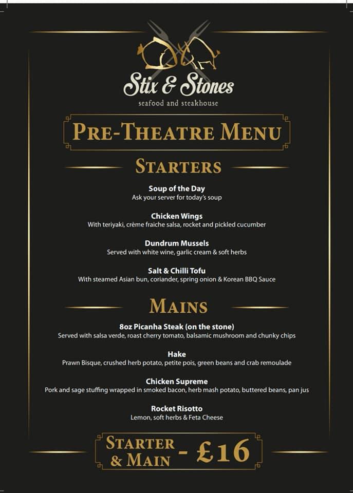 Menu at Stix and Stones City Centre steakhouse, Belfast