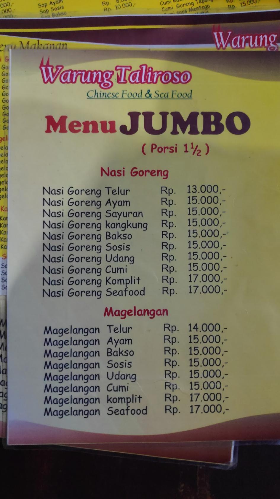 Menu at Tali Roso Restaurant, Yogyakarta