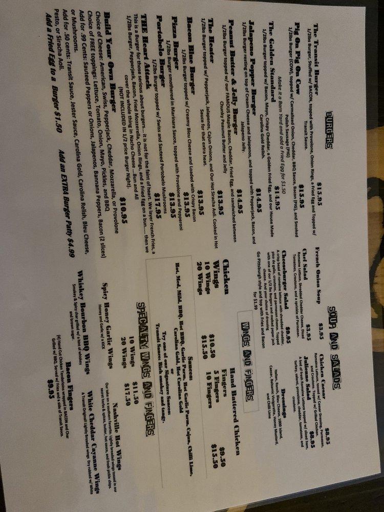 Menu at Transit Music Lounge pub & bar, Depew