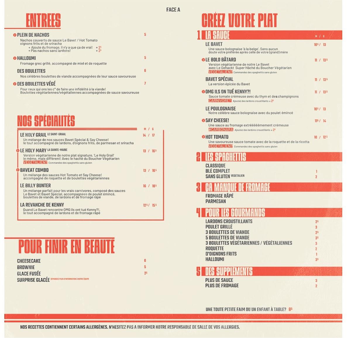 Menu at BAVET, Liège