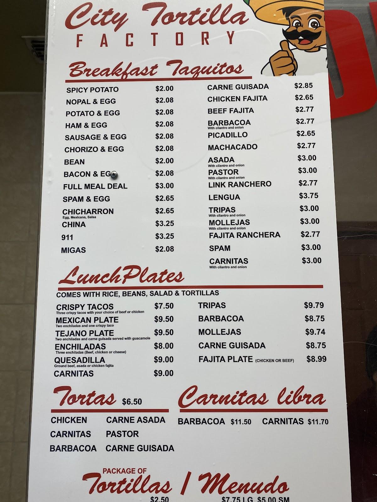 Menu at City Tortilla Factory restaurant, Ingleside