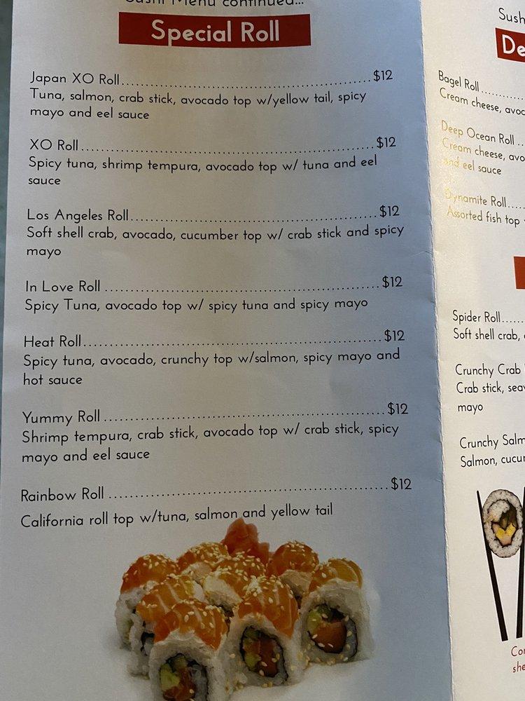 Menu at Japan XO restaurant, Raleigh