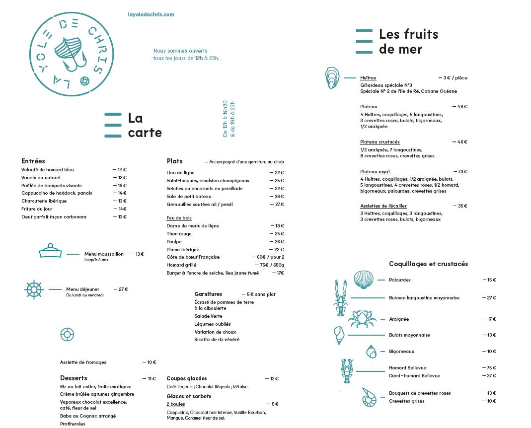 Menu au La Yole de Chris restaurant, La Rochelle
