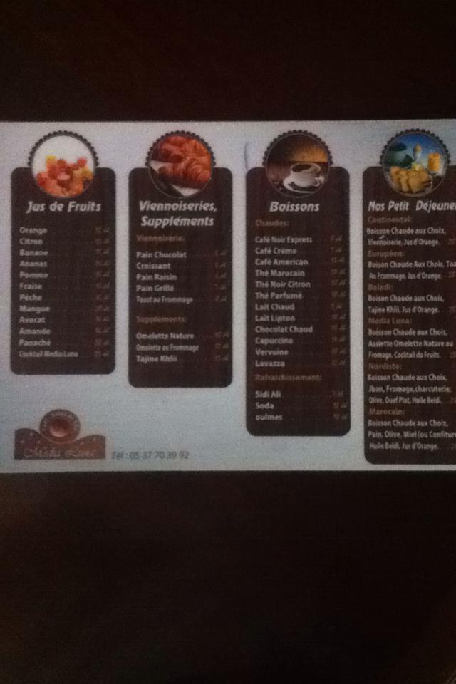 Menu at Media Luna cafe, Rabat