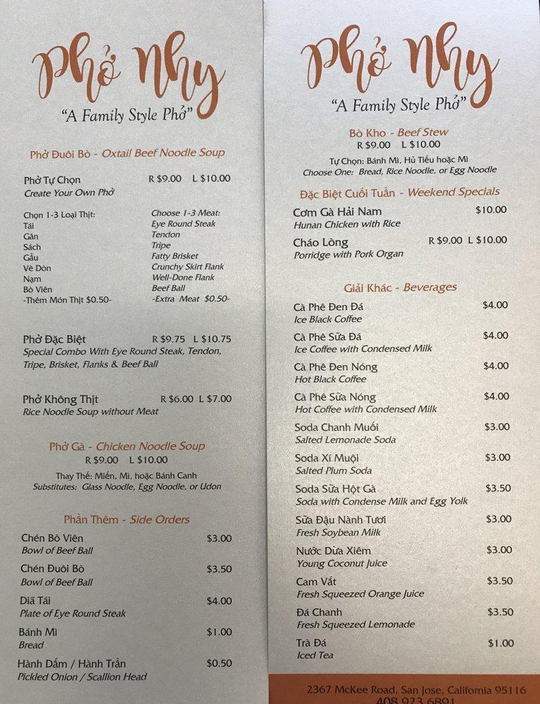 Menu at Phở Nhy restaurant, San Jose