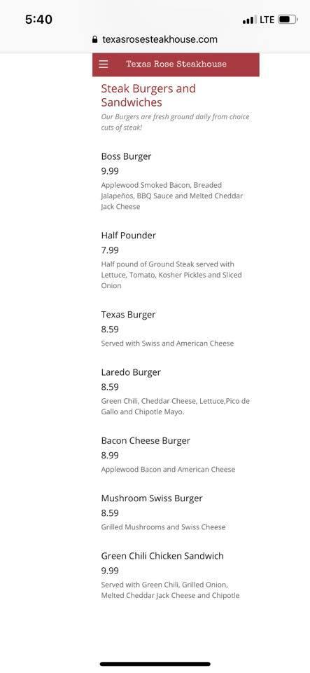 Menu at Texas Rose Steakhouse, Borger, Megert Center