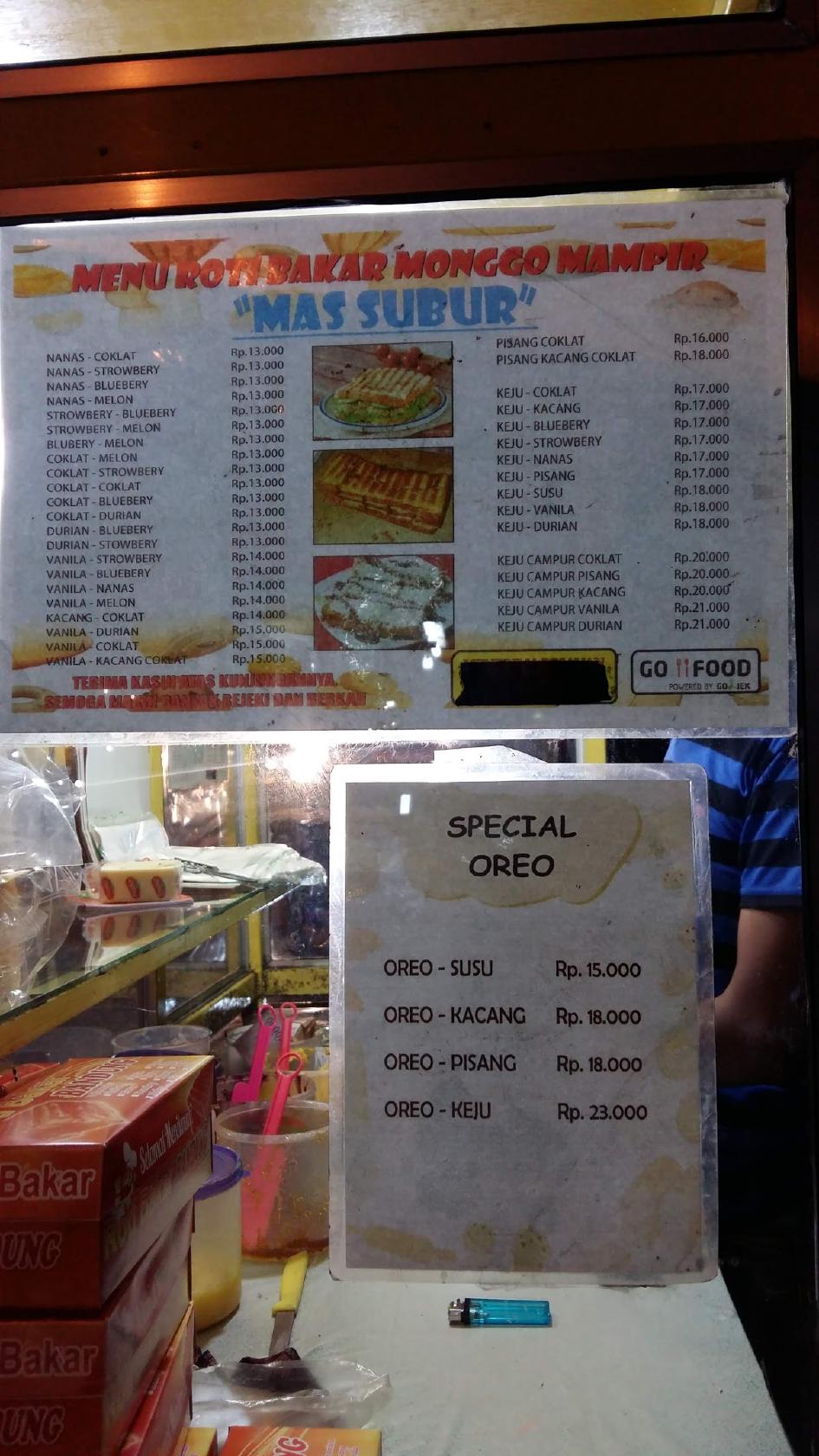 Menu at roti bakar mas subur restaurant, Semarang