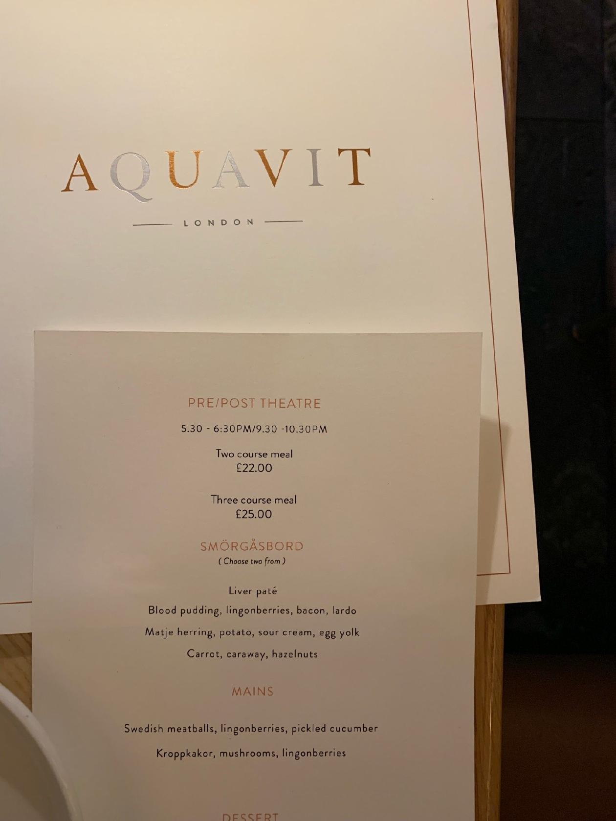 Menu at Aquavit London restaurant, London