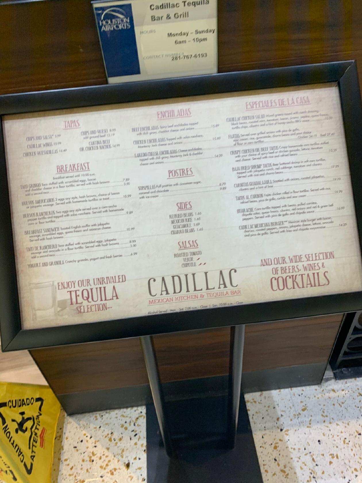 Menu at Cadillac Mexican Kitchen & Tequila Bar, Houston, S Terminal Rd