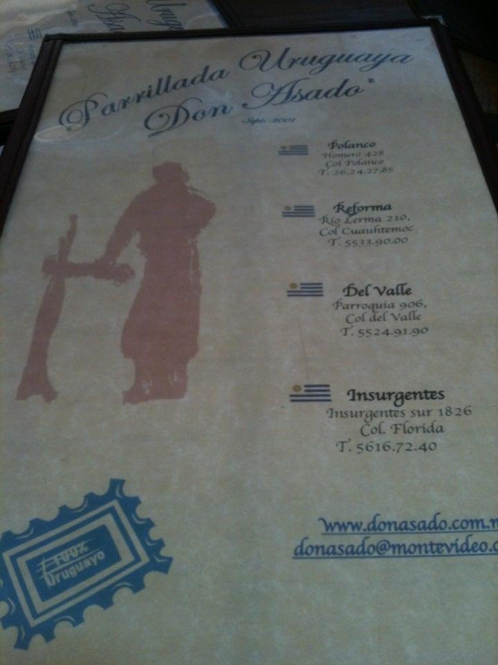 Carta del restaurante Don Asado Polanco, Ciudad del México, Av. Homero 428