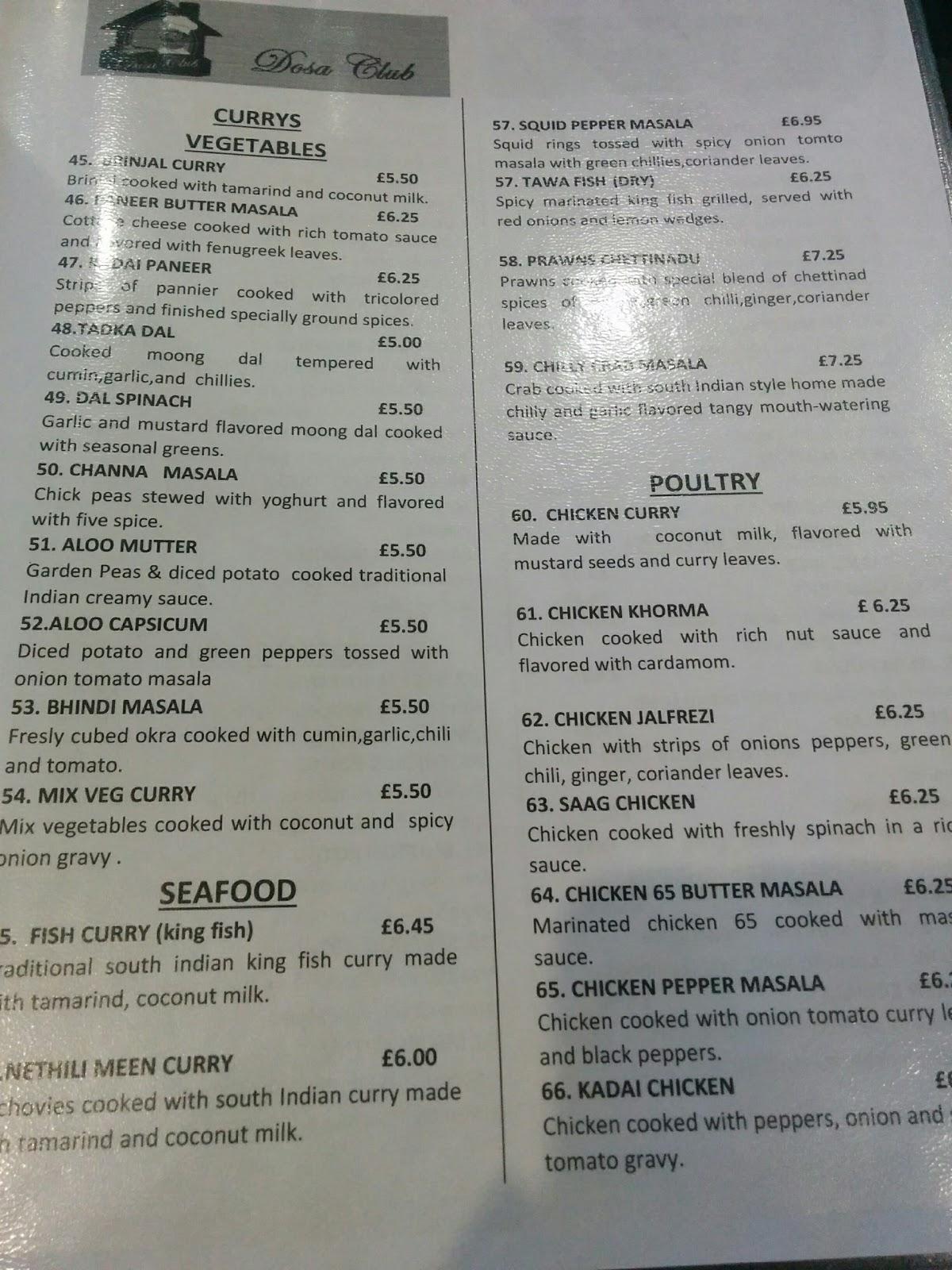 Menu at Dosa Club, Crawley
