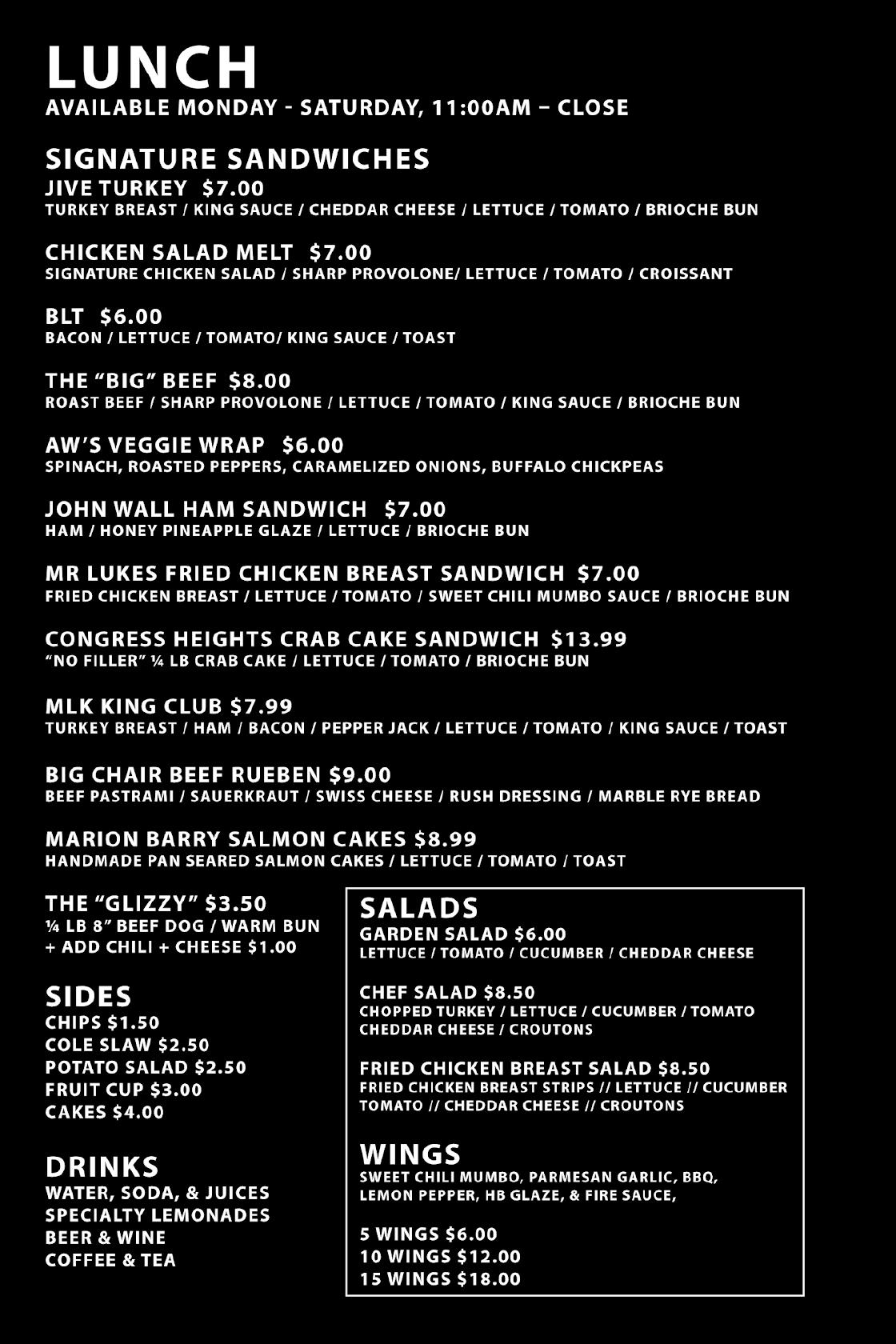 Menu at MLK Deli restaurant, Washington, Martin Luther King Jr Ave SE