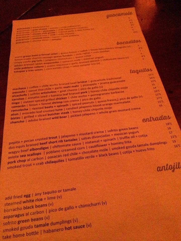 Menu at Momocho restaurant, Cleveland