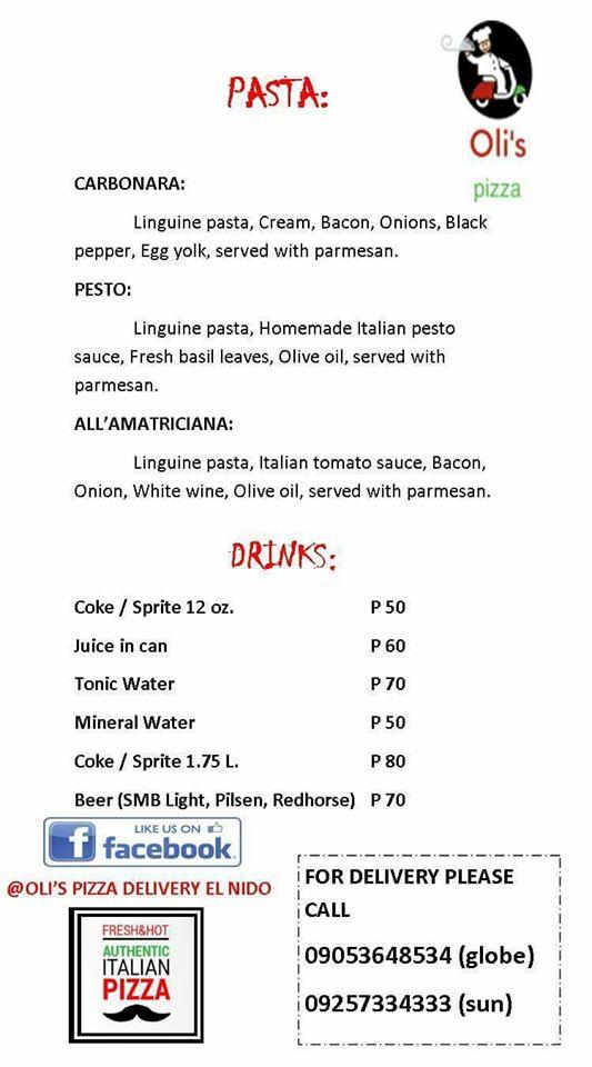 Menu at Oli's Pizza Delivery El Nido restaurant, El Nido