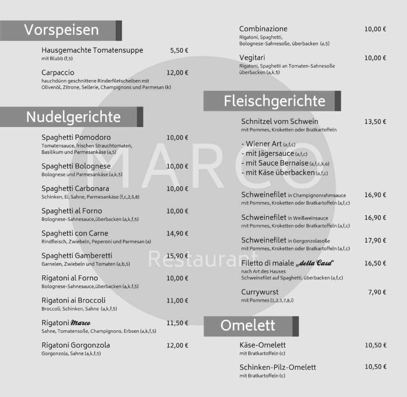 Menu at Restaurant MARCO, Wolken
