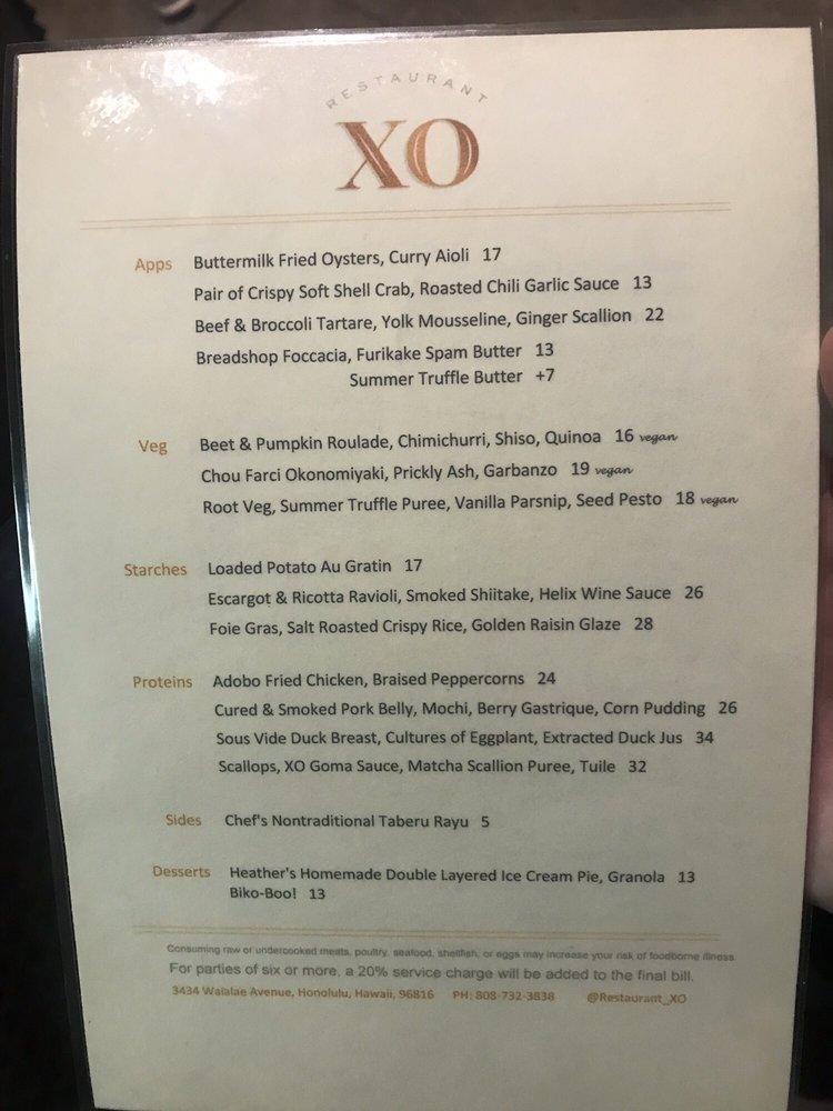 Menu at Restaurant XO, Honolulu
