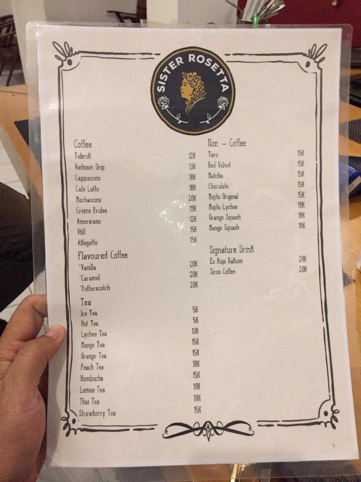 Menu at Sister Rosetta Coffee House, Bandung