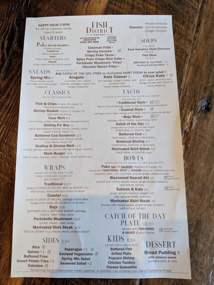 Menu at FISH DISTRICT restaurant, Solana Beach, 665 San Rodolfo Dr