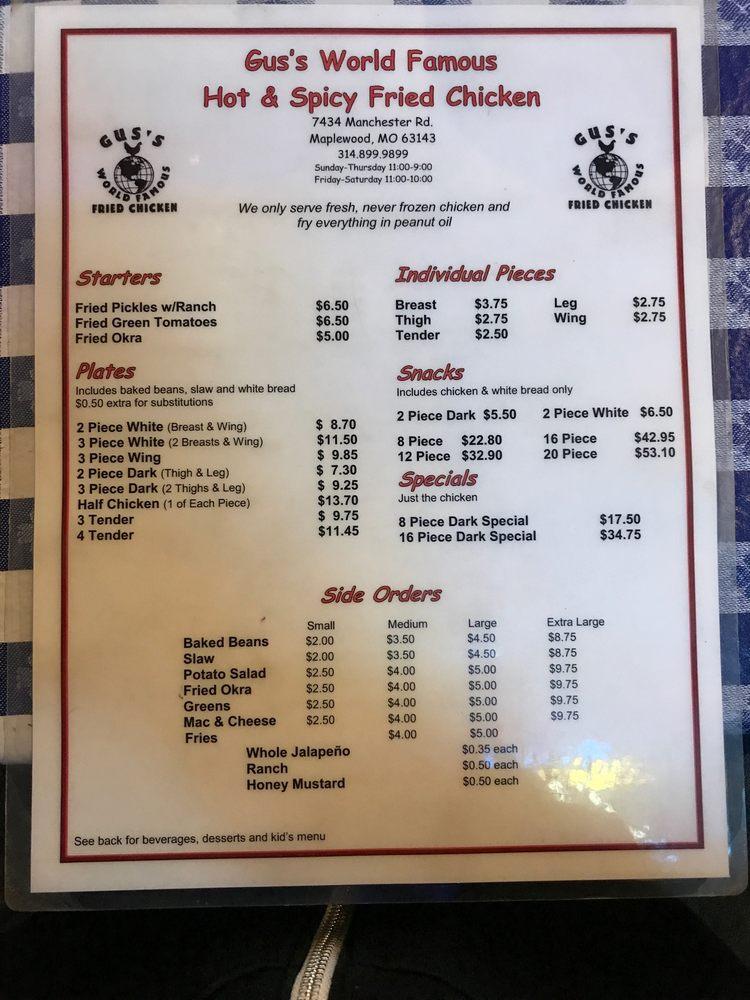 Menu at Gus’s World Famous Fried Chicken restaurant, Maplewood