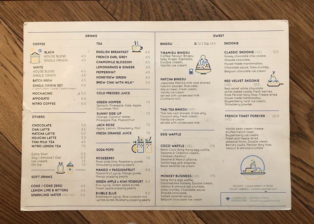 Menu at Humble Rays cafe, Carlton