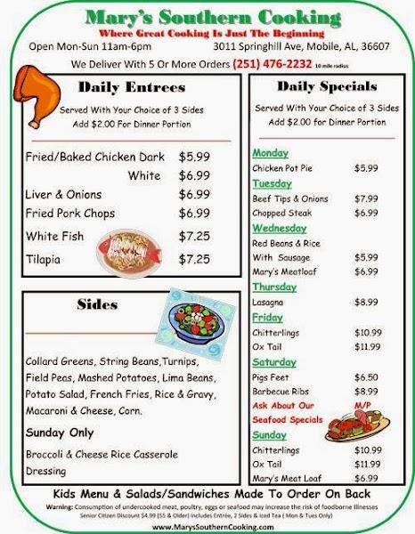 Menu at Mary's Southern Cooking restaurant, Mobile