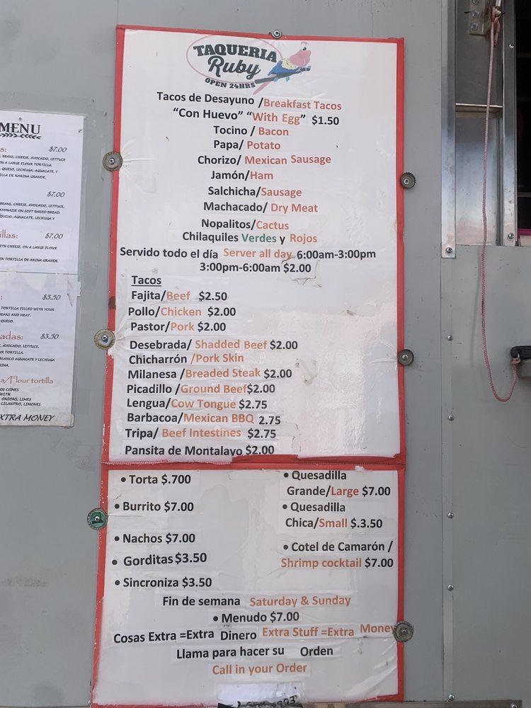 Menu at Rubys Taco Truck, Prairie View