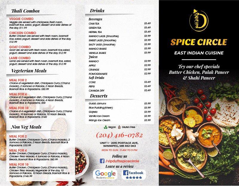 Menu at Spice Circle East Indian Restaurant, Winnipeg