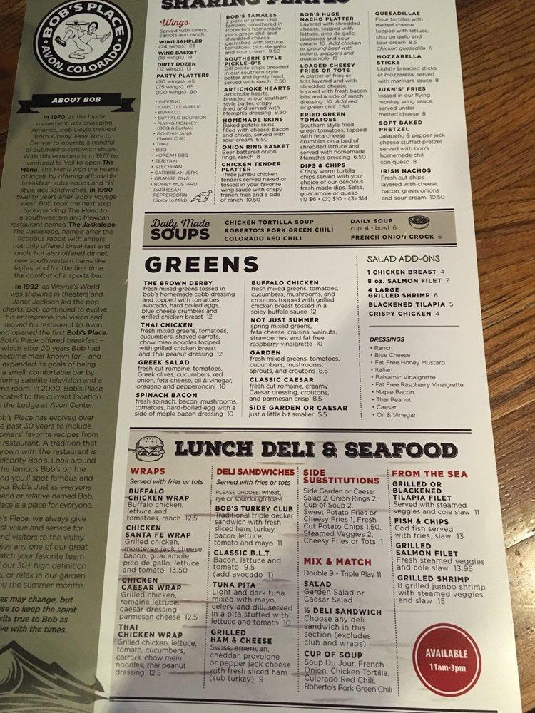 Menu at Bobs Place pub & bar, Avon