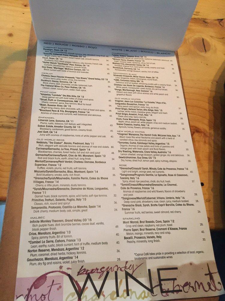 Menu at Dandelion Cafe, Durango