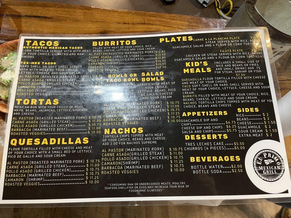 Menu at El Primo Mexican Grill restaurant, Hamilton