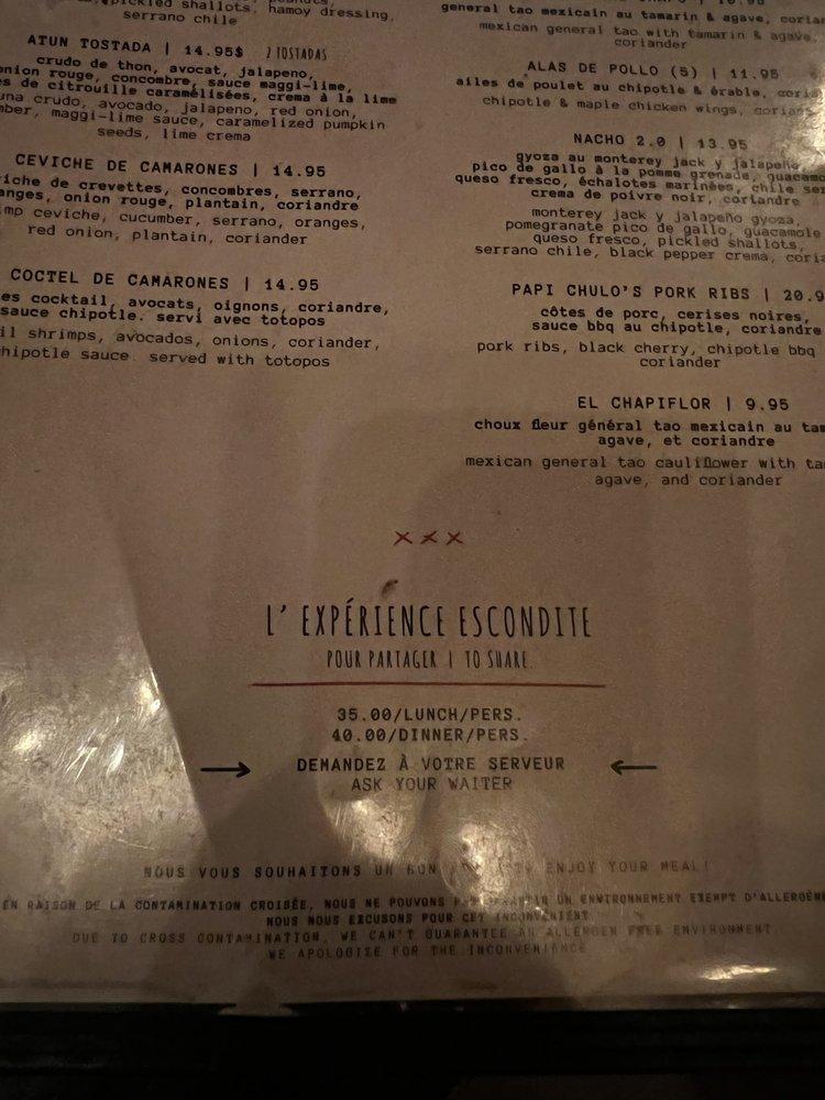 Menu at Escondite Union pub & bar, Montreal, Union Ave