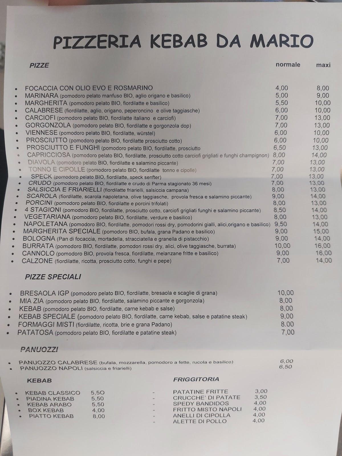 Menu da Pizzeria e kebab da mario, Ronzo-chienis