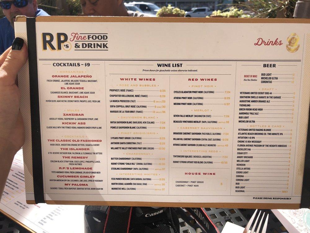 Menu at RP's Fine Food & Drink pub & bar, Jacksonville Beach