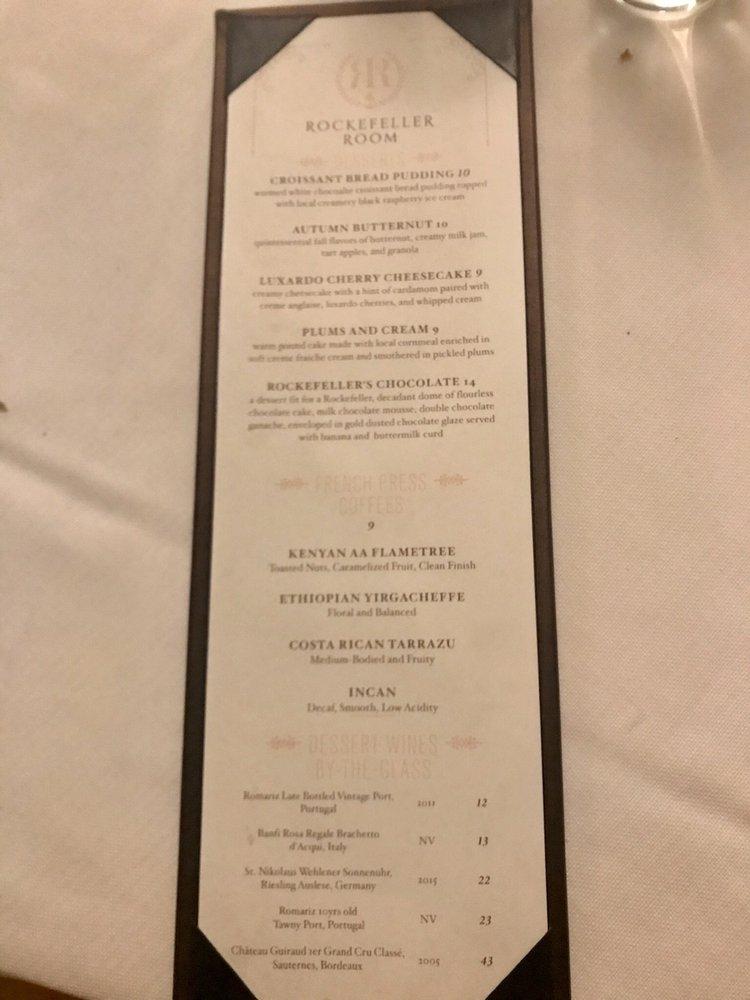 Menu at Rockefeller Room restaurant, Williamsburg