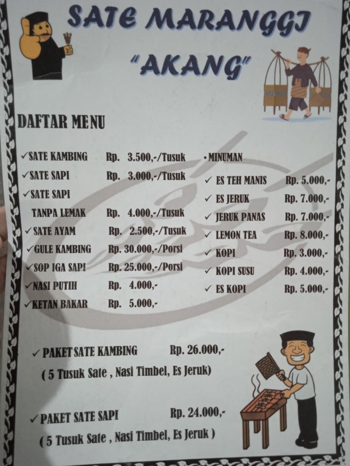 Menu at Sate Maranggi AKANG Khas Purwakarta restaurant, Tasikmalaya