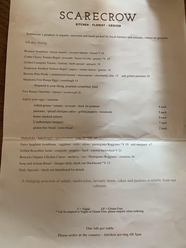 Menu at Scarecrow cafe, Auckland, 33 Victoria St E