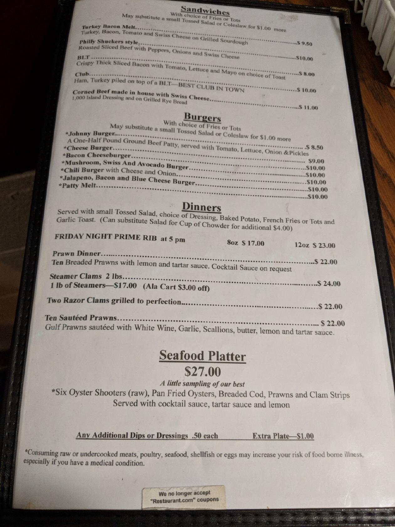 Menu at Shucker's Oyster Bar, Lincoln City, SW Hwy 101